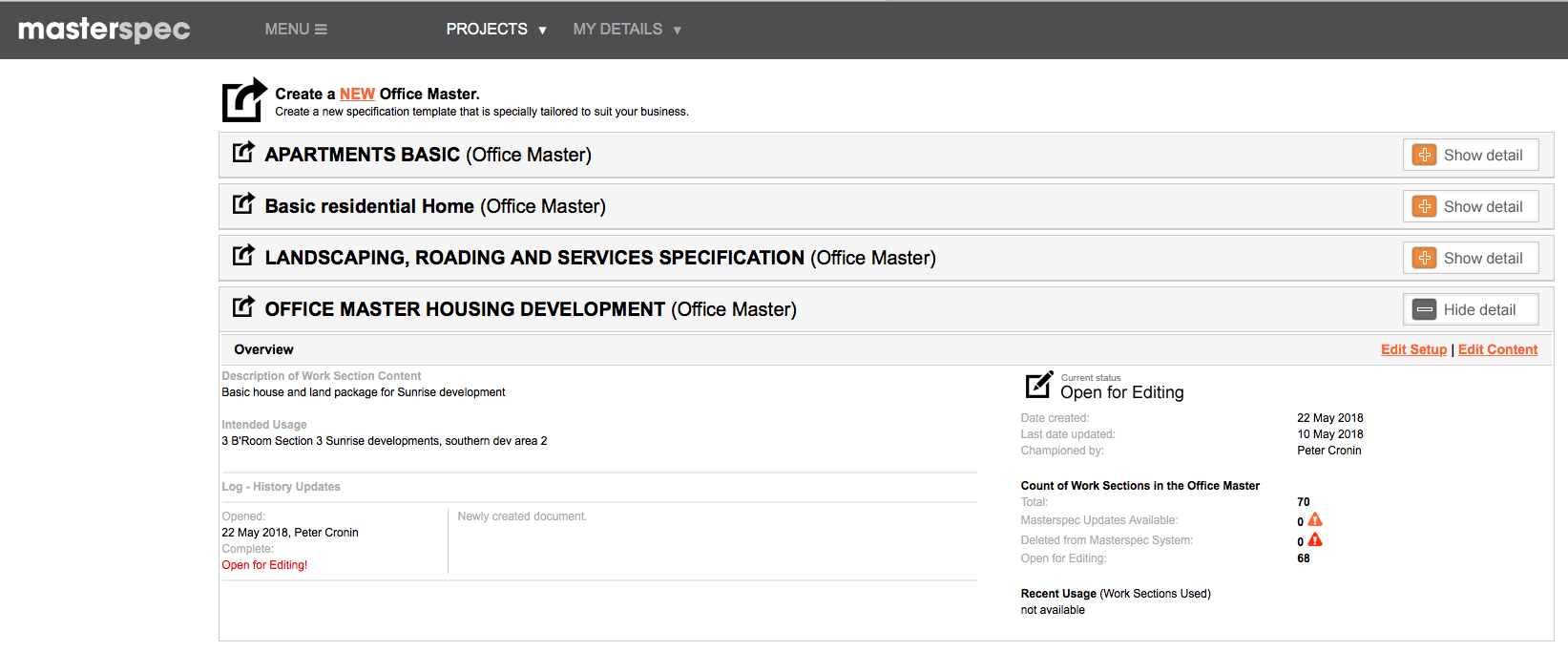 Create a new Office Master by cloning an existing section - Masterspec